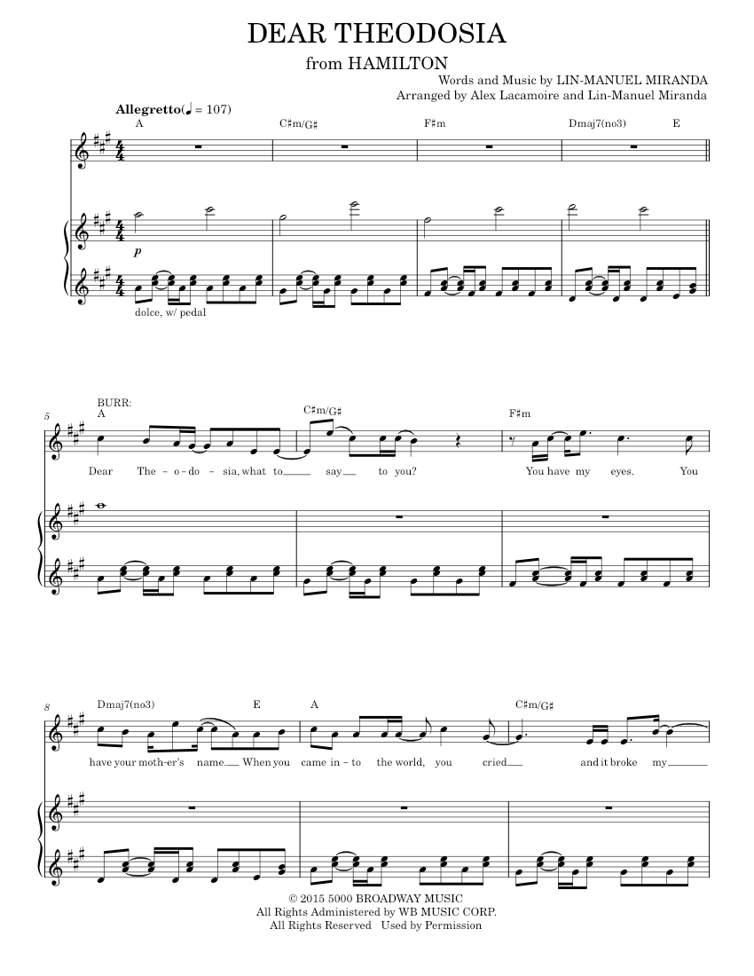 Play Official version of Dear Theodosia (from Hamilton) sheet music by ...