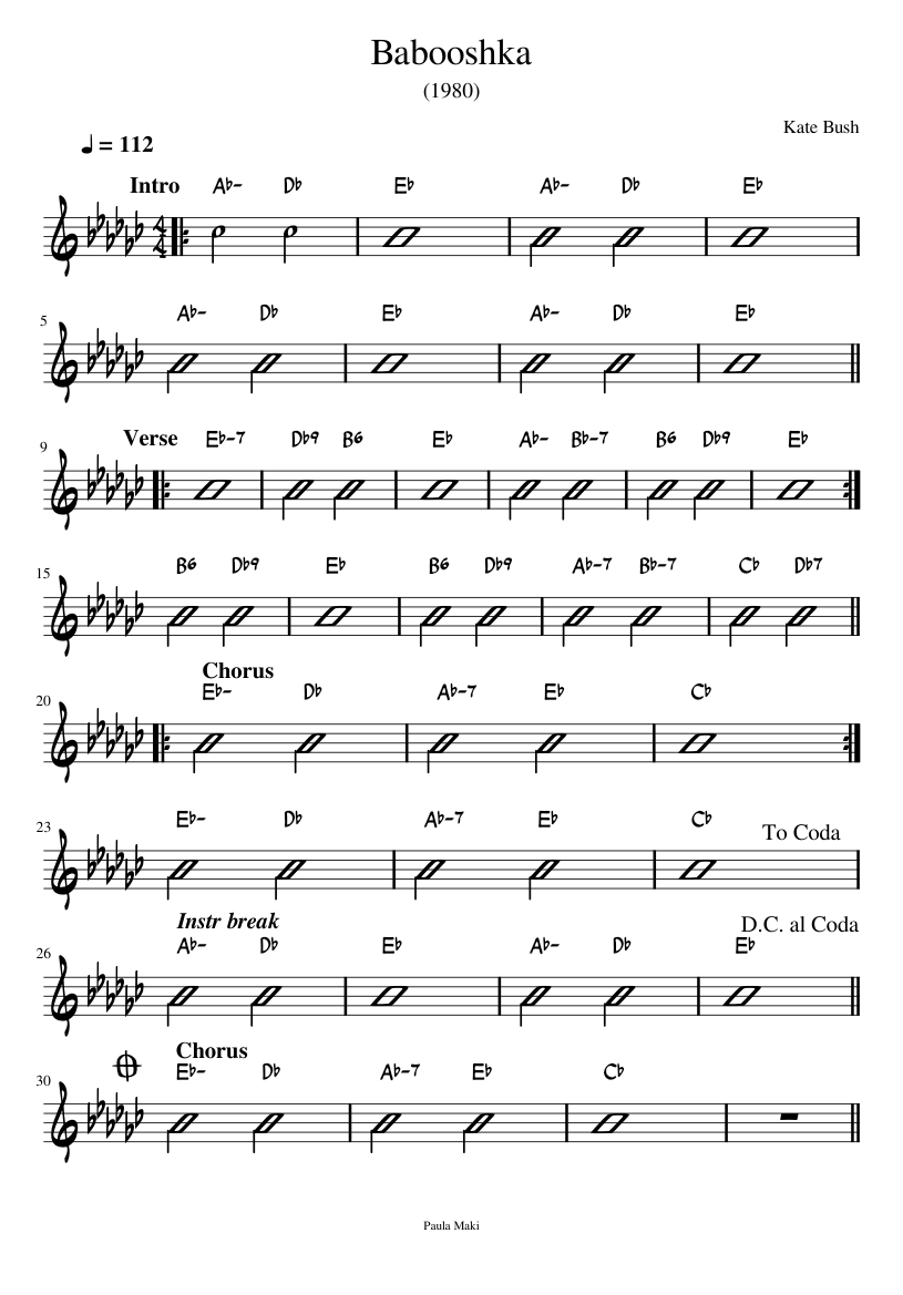Babooshka Kate Bush Chord Chart Sheet Music for Piano (Solo) Easy ...