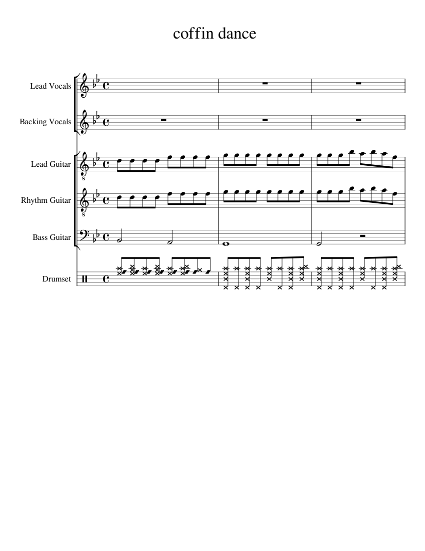 coffin dance Sheet music for Vocals, Guitar, Bass guitar, Drum group ...
