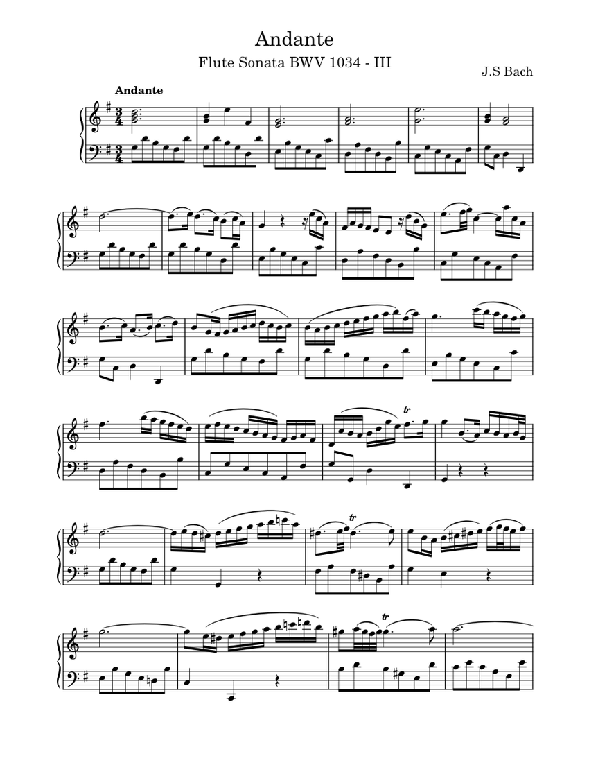 Bach - Andante - BWV 1034 - Flute Sonata in E minor, piano Sheet music ...