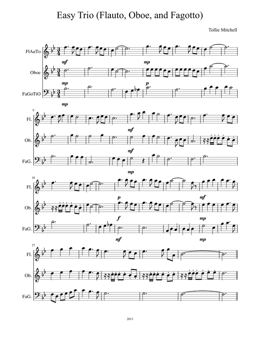 Trio_3_Flute_and_2_Clarinets Sheet music for Flute, Oboe, Bassoon (Mixed Trio) | Musescore.com