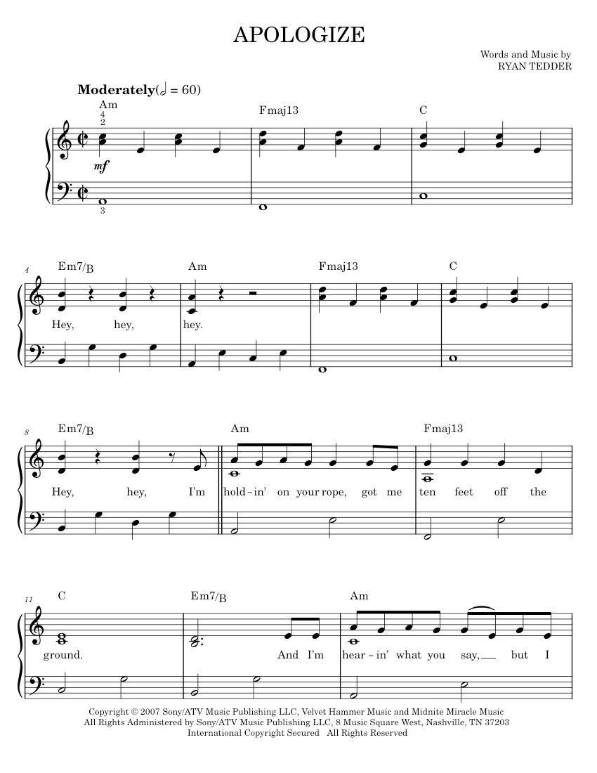 apologize Sheet music for Piano by Timbaland Official | MuseScore.com