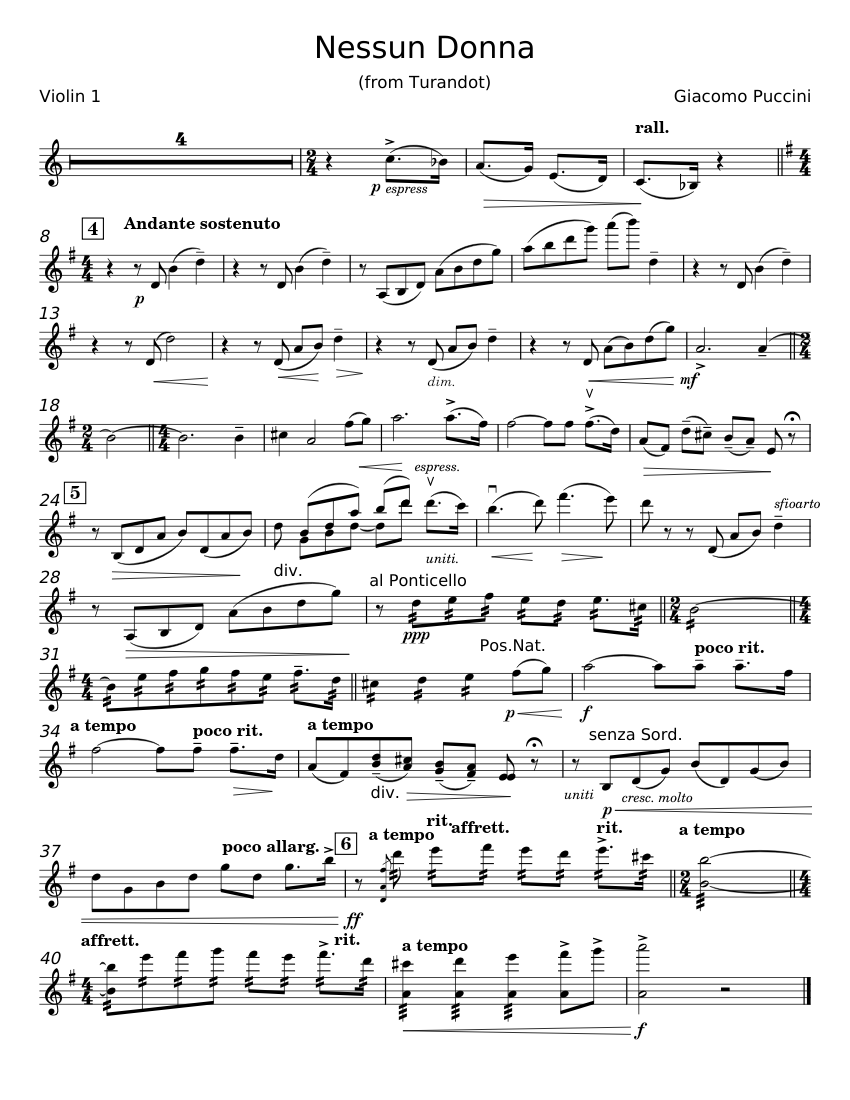 Nessun Dorma from the opera Turandot - Giacomo Puccini Sheet music for Violin (Solo) | Musescore.com