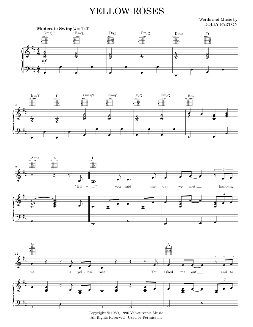 Play Official version of Yellow roses sheet music by Dolly Parton for ...