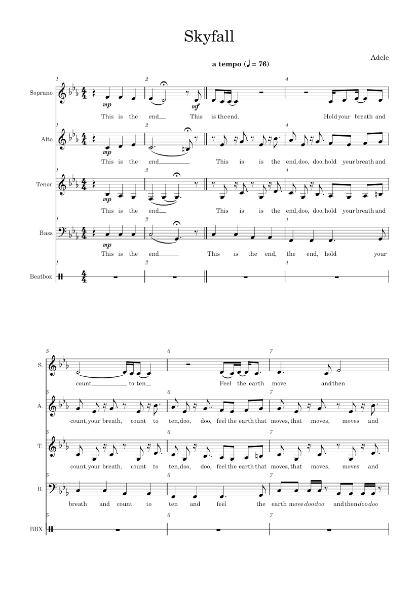 Skyfall Sheet Music for Piano, Bass guitar, Strings group (A Capella ...