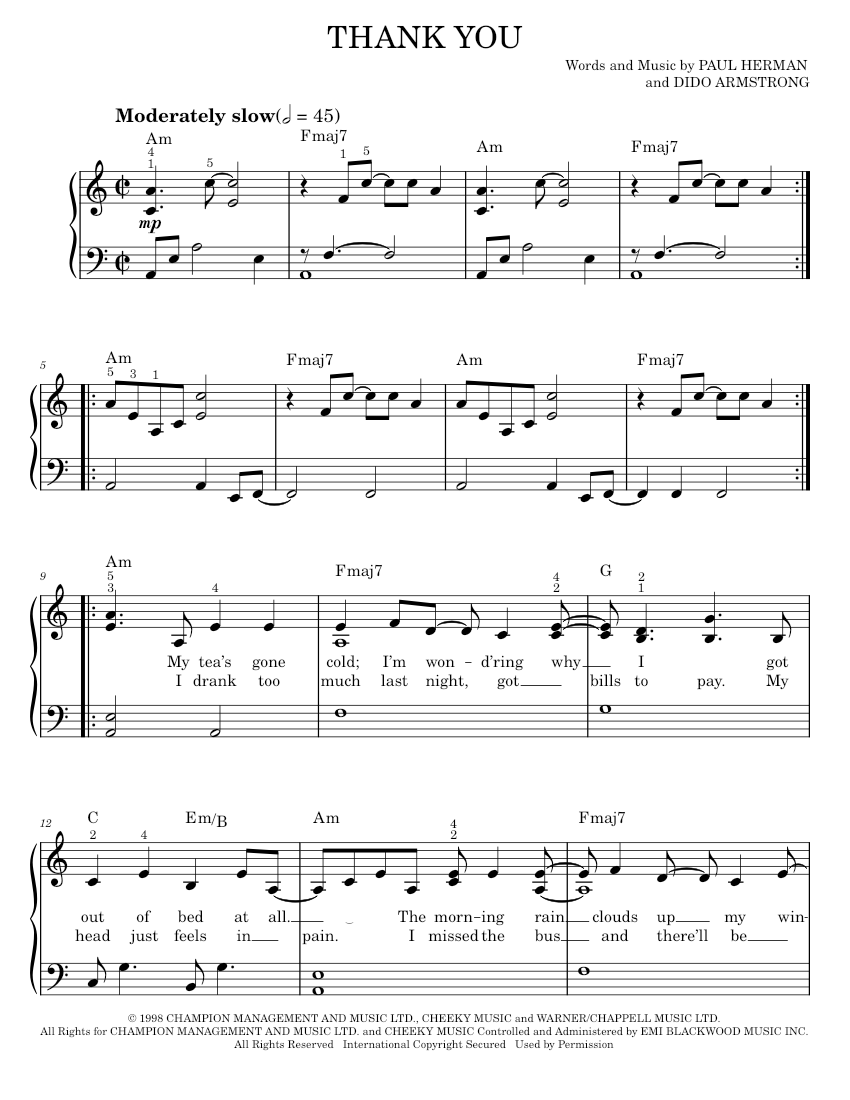 thank you Sheet music for Piano by Dido Official | MuseScore.com