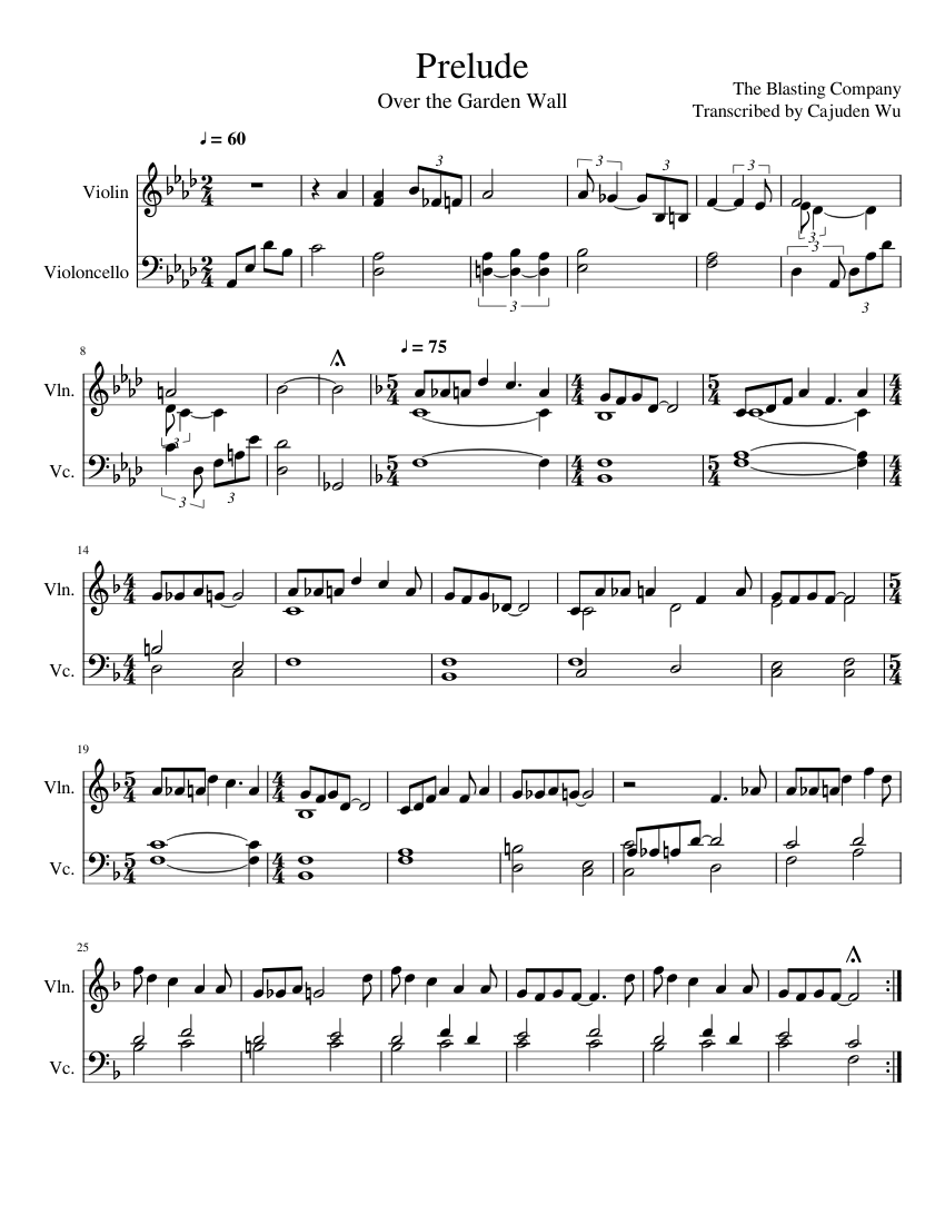 Over the Garden Wall - Prelude Sheet music for Violin, Cello (String ...