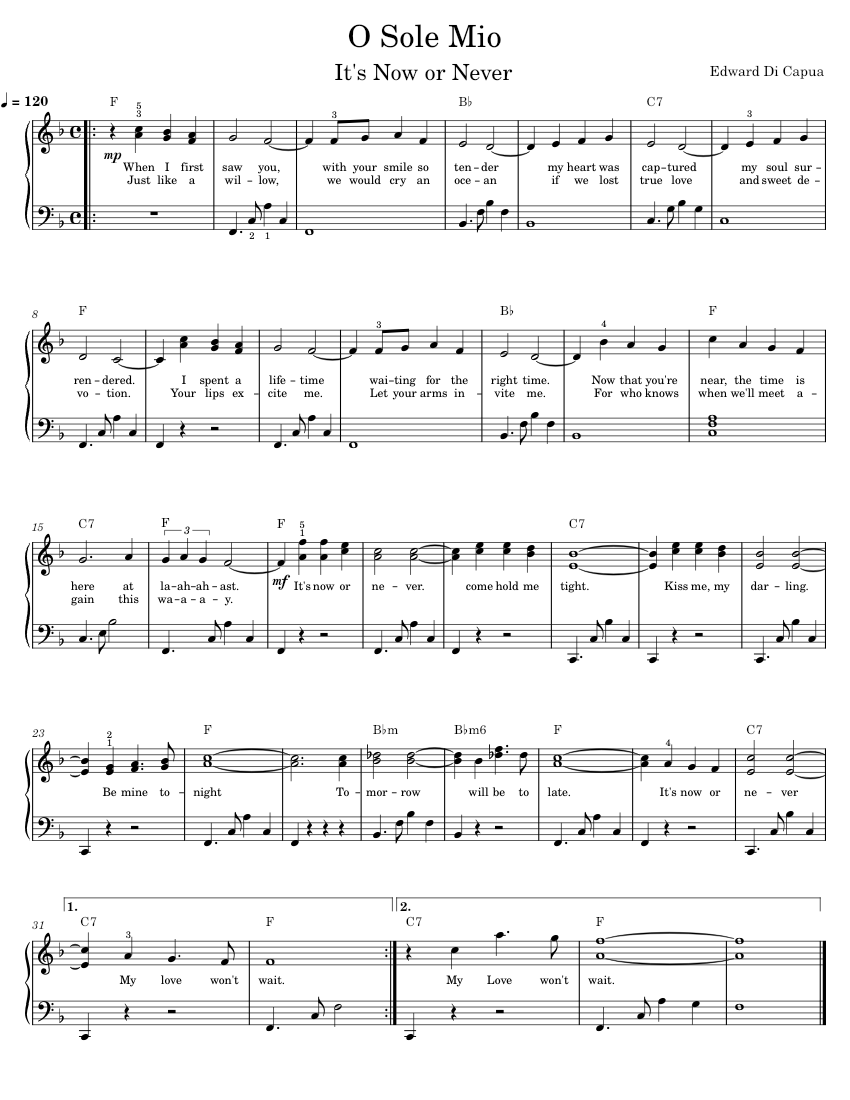 O Sole Mio Sheet Music with Chords for Piano (Piano-Voice) easy ...