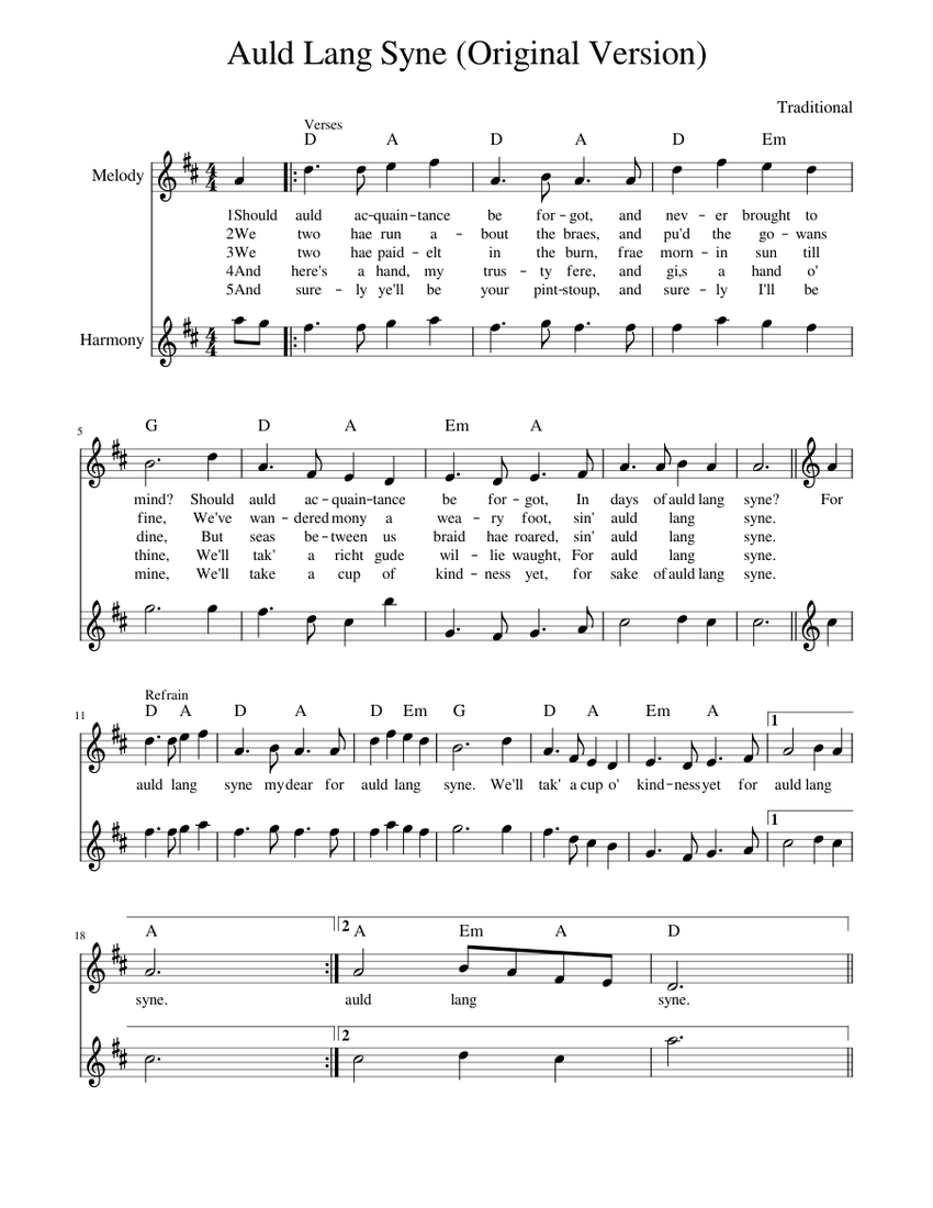 Traditional music - Auld Lang Syne (Original Version) Sheet music for ...