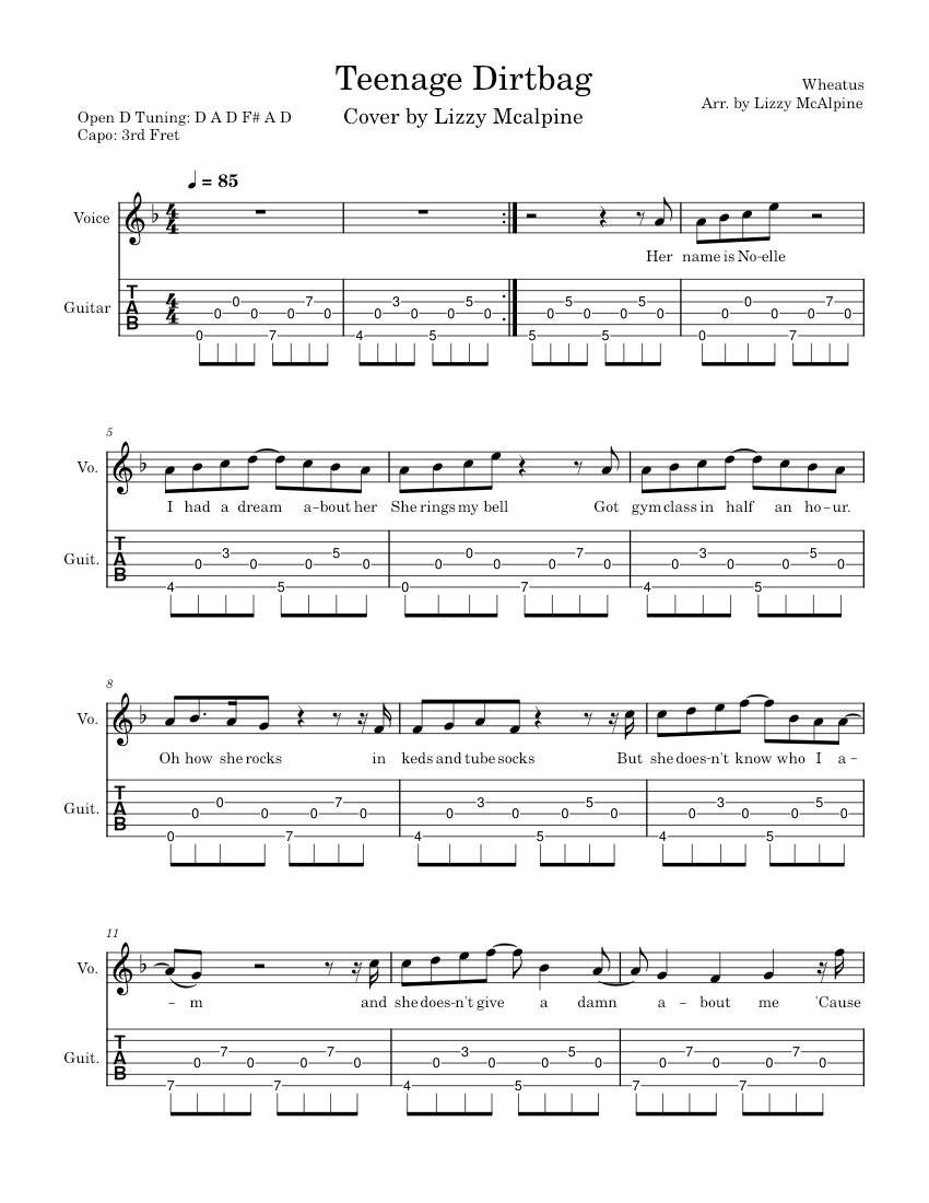 Teenage Dirtbag (Wheatus cover) - Lizzy McAlpine (Tab) Sheet Music for Guitar, Voice (other ...
