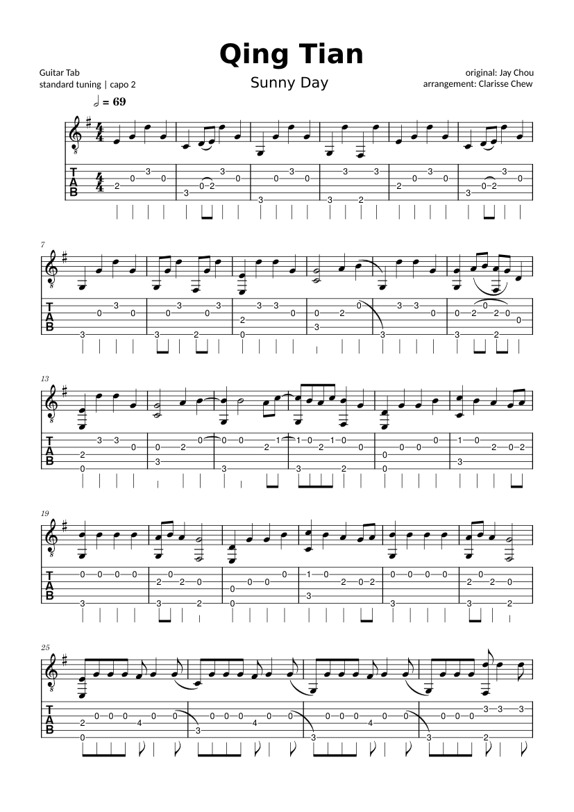 晴天 qing tien – Jay Chou Qing Tian Guitar Tab (Sunny Day) Sheet music for Guitar (Solo ...