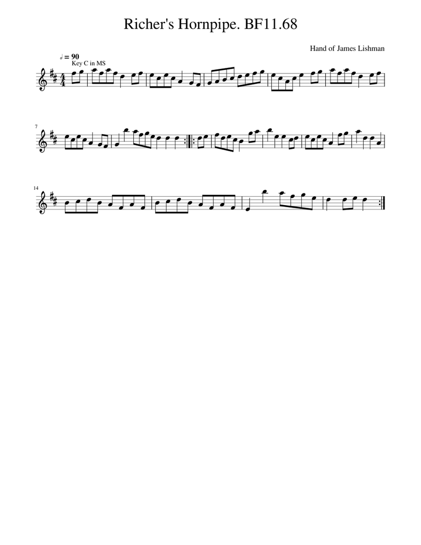 Hand of James Lishman - Richer's Hornpipe. BF11.68 Sheet music for ...