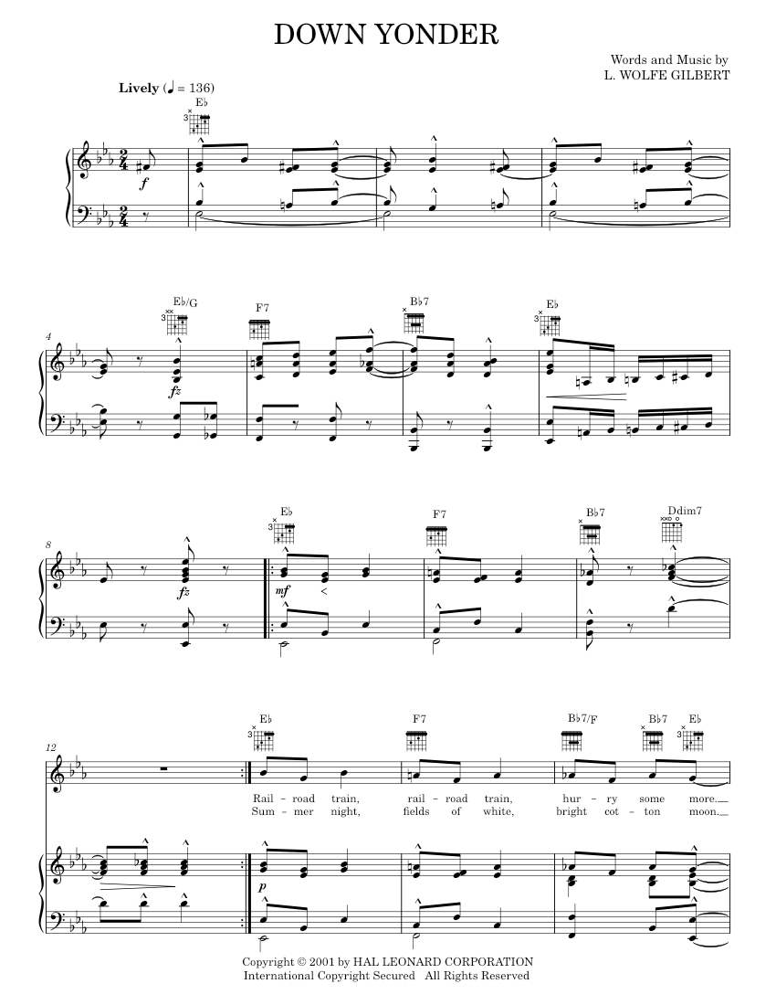 Play Official version of Down Yonder Sheet Music by L. Wolfe Gilbert ...