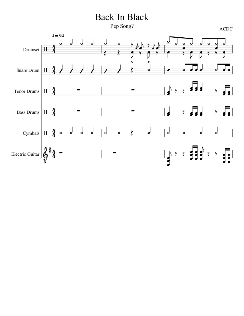 Back in black – AC/DC Back In Black Sheet music for Snare drum, Crash ...