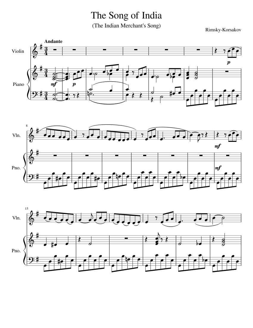 The Song of India Sheet Music for Piano, Strings group (Solo ...