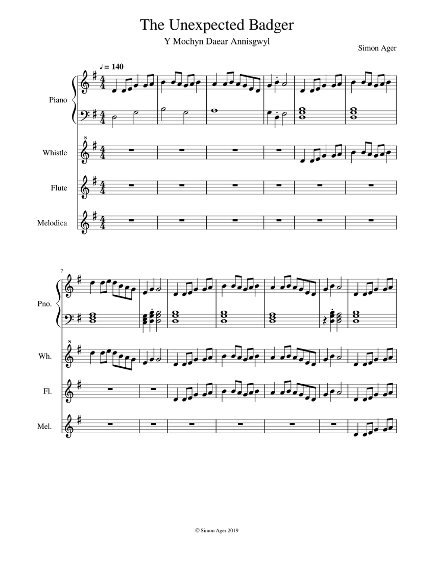 The Unexpected Badger / Y Mochyn Daear Annisgwyl Sheet music for Piano ...