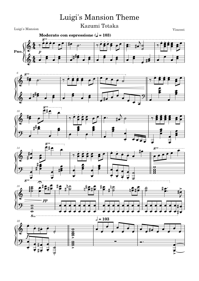 Kazumi Totaka - Luigi's Mansion Theme Sheet music for Piano (Solo ...