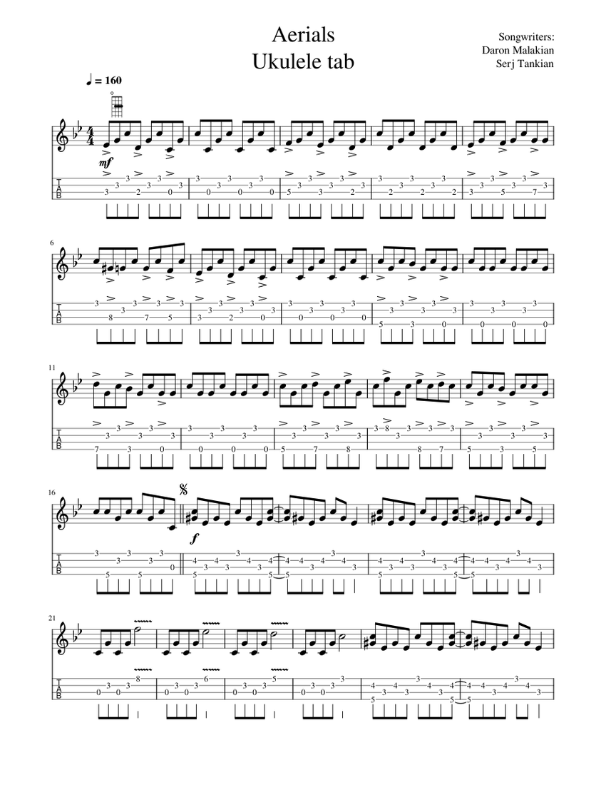 Aerials – System of a Down Aerials final Sheet music for Ukulele (Solo ...