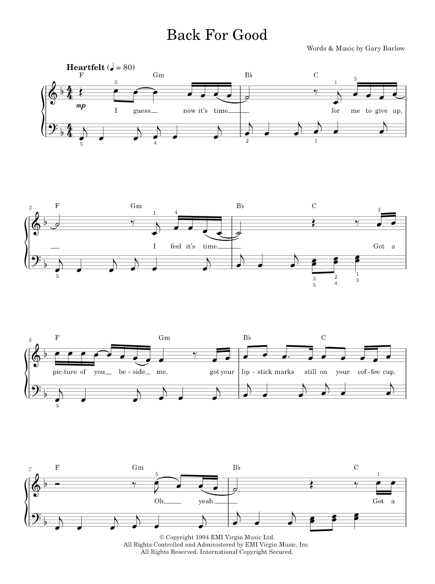 Play Official version of Back for good Sheet Music by Take That for ...