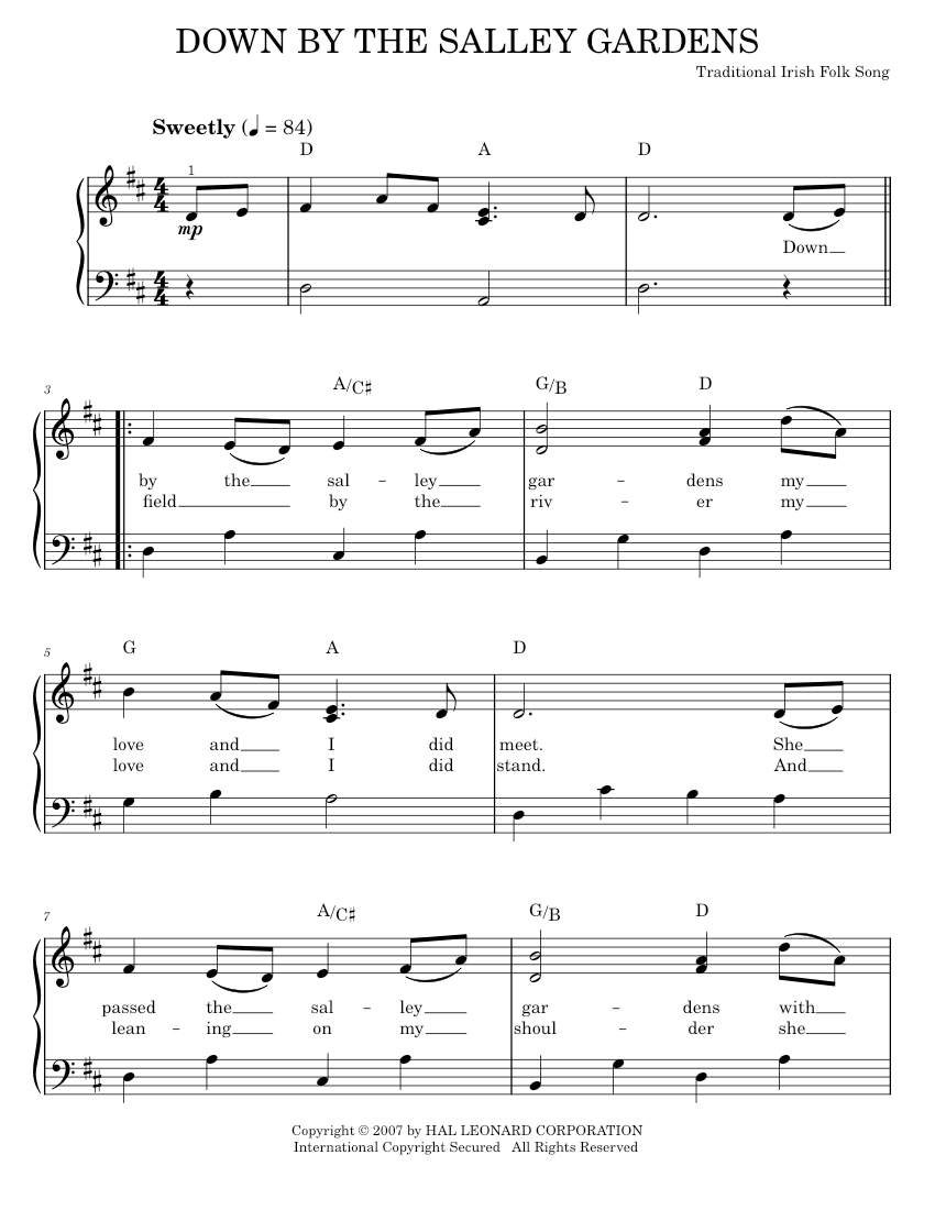 Down By The Sally Gardens Sheet music for Piano: Music Notes