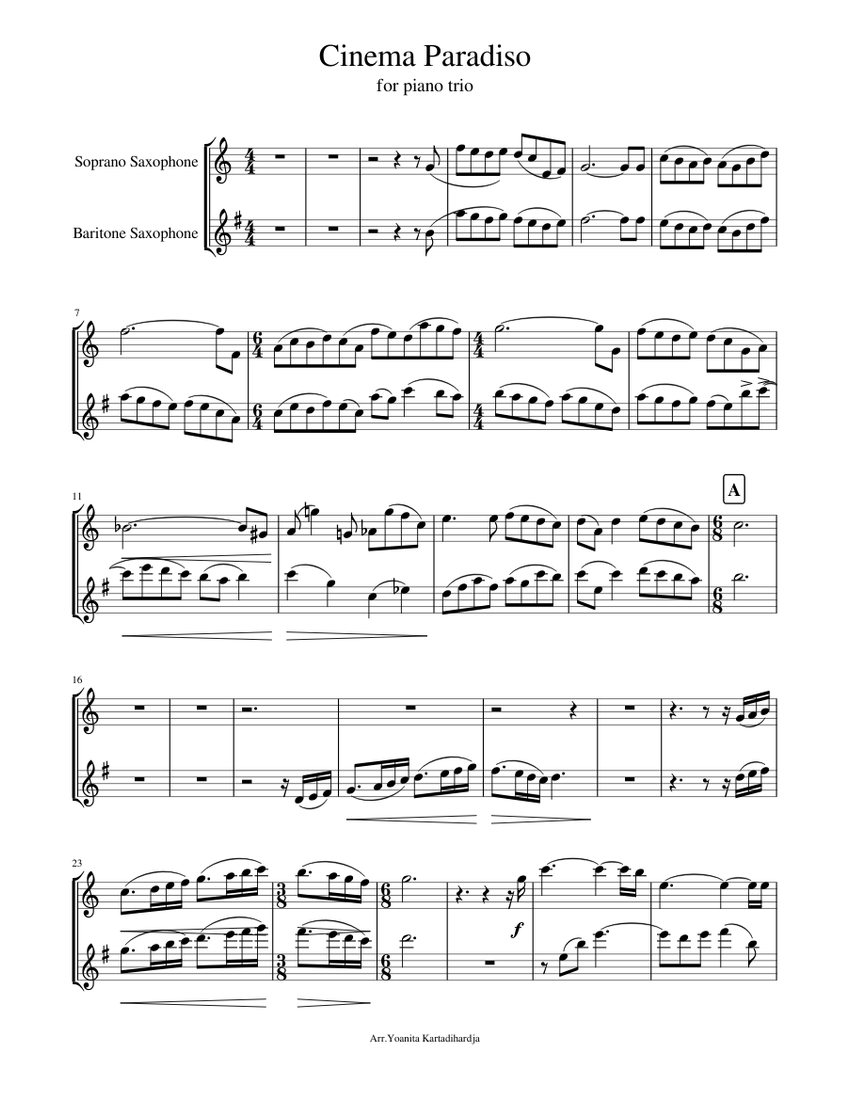 Cinema Paradiso Sheet music for Saxophone baritone, Saxophone soprano ...