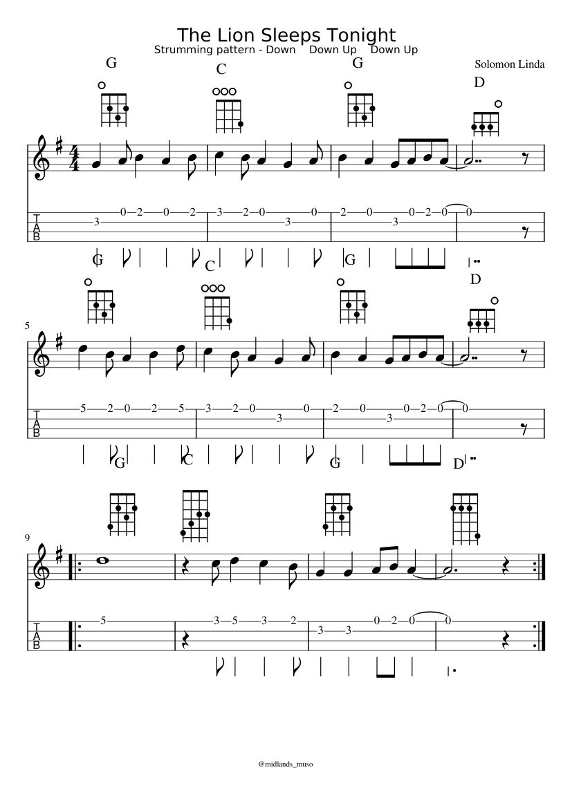 The Lion Sleeps Tonight – Solomon Linda Sheet Music and Tab with Chords ...
