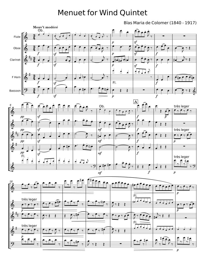 Menuet for Wind Quintet Sheet music for Flute, Oboe, Bassoon, French ...