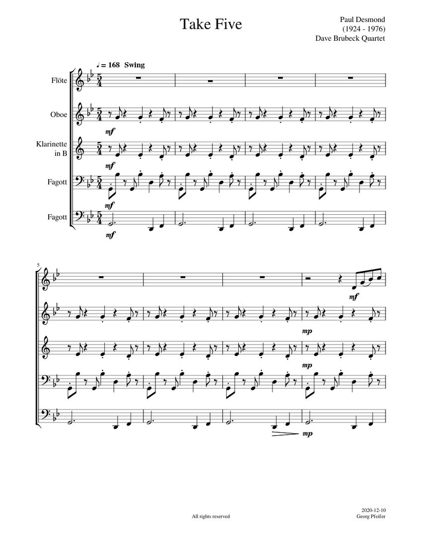 Paul Desmond , Dave Brubeck: Take Five Sheet music for Flute, Clarinet ...