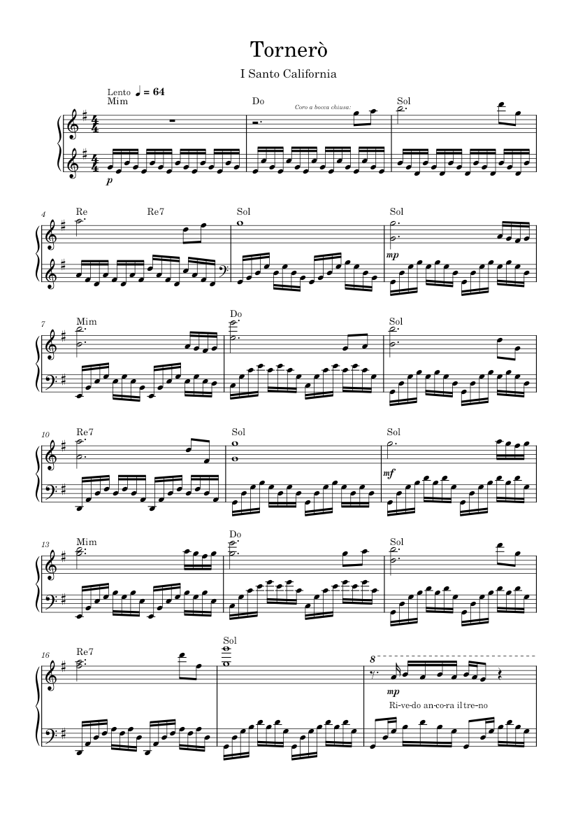 Tornerò – I Santo California Sheet Music with Chords for Piano (Solo ...