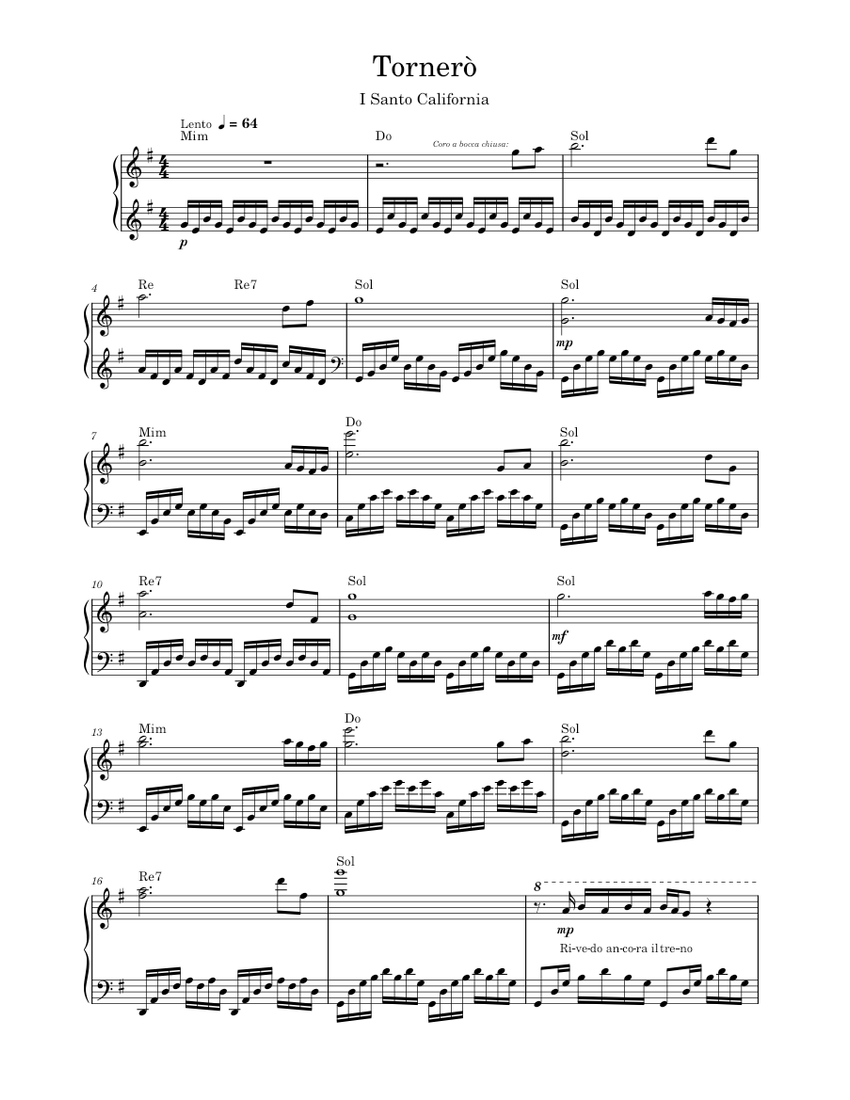 Tornerò – I Santo California Sheet music for Piano (Solo) | Musescore.com