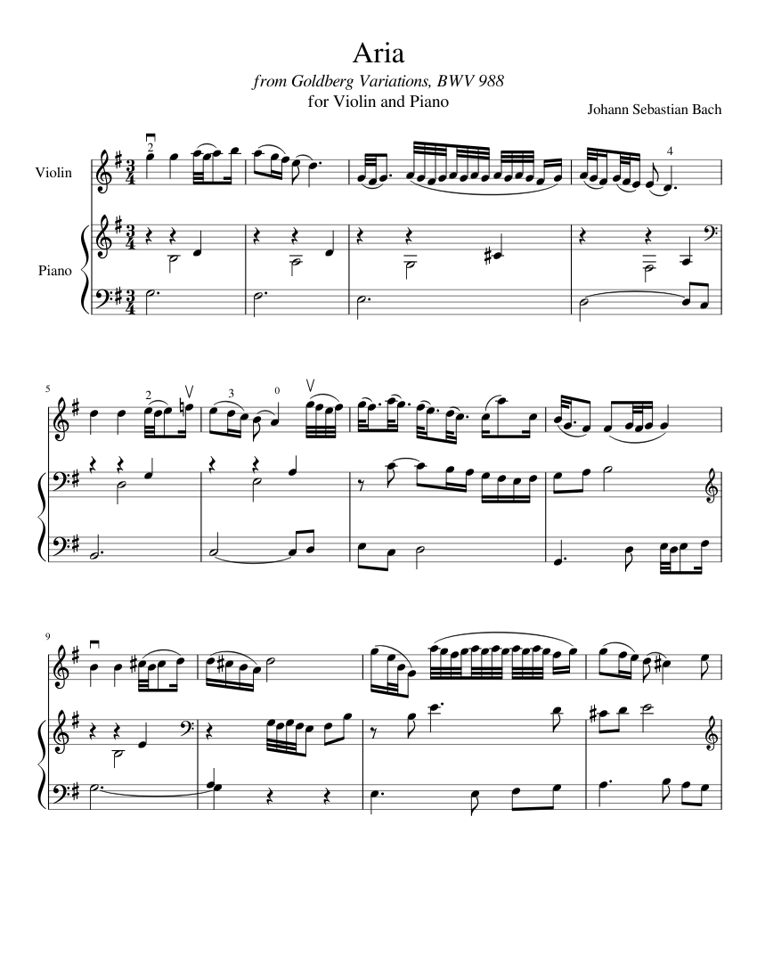 Aria from Goldberg Variations by Bach BWV 988 for Violin and Piano Sheet music for Piano, Violin ...