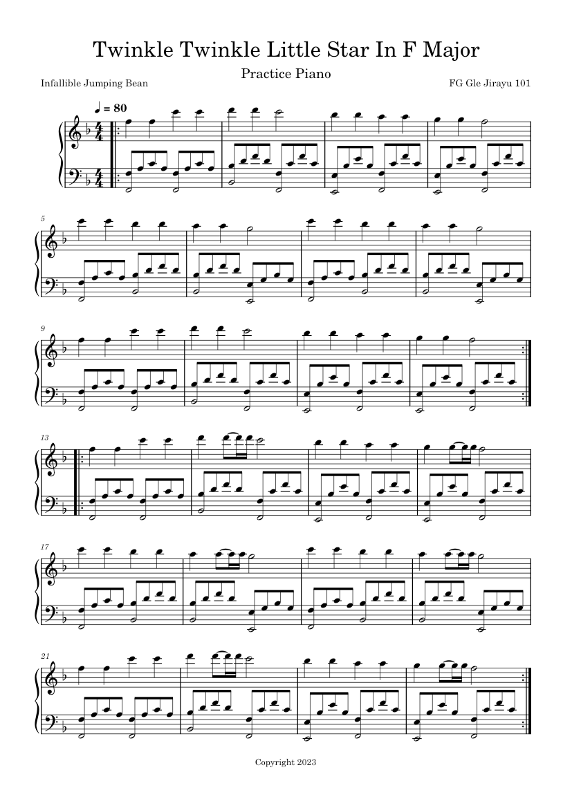 Twinkle Twinkle Little Star In F Major Sheet Music for Piano (Solo ...