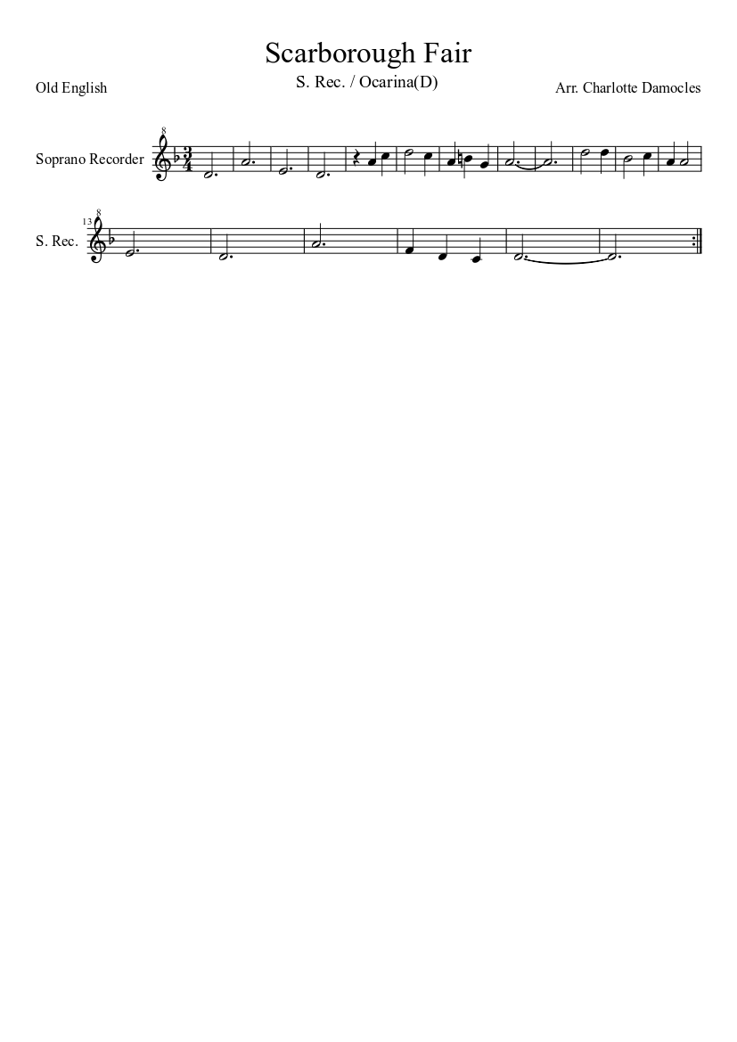 Scarborough Fair Ocarina/Sop.Rec. acc Sheet music for Recorder (Solo ...