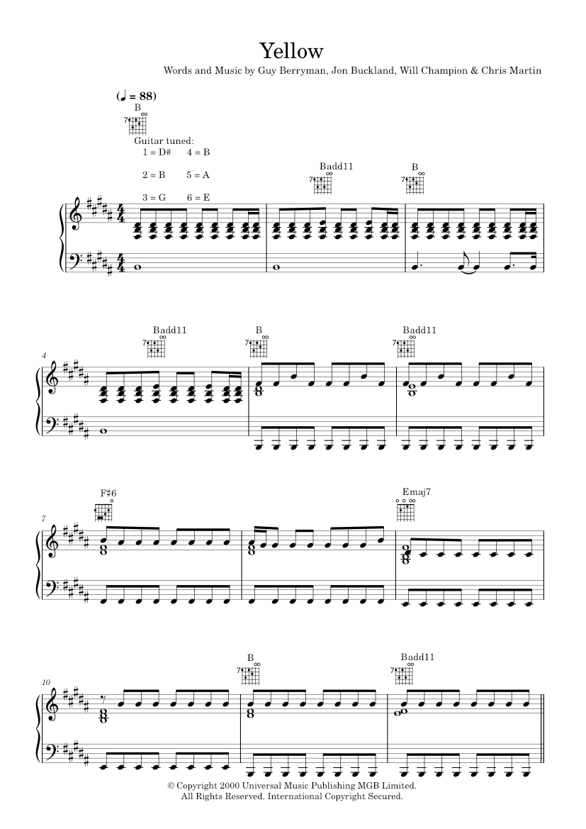 yellow Sheet music for Piano, Vocals by Coldplay: Music Notes by MuseScore