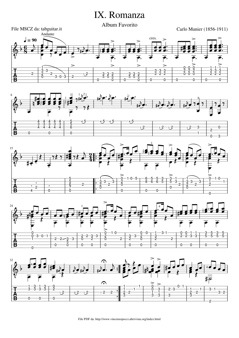 Album Favorito, n° 9 Romanza – Carlo Munier Sheet Music for Guitar ...
