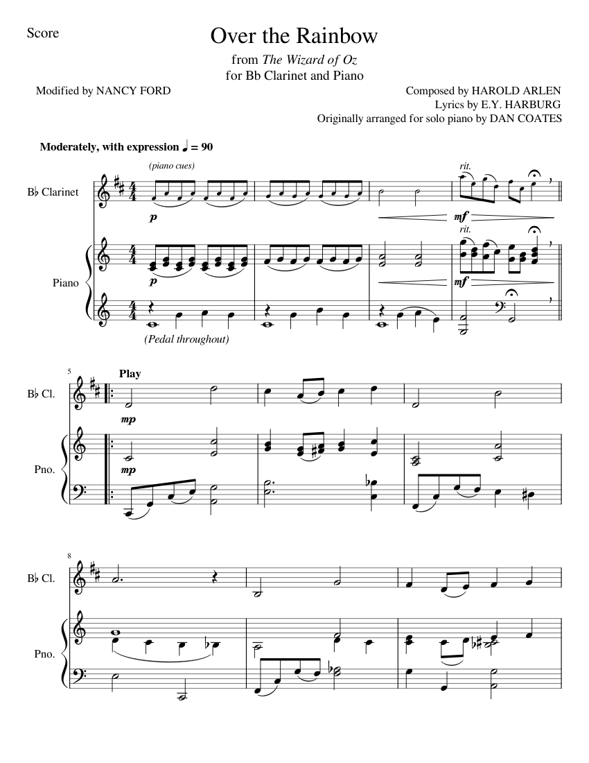 Over the Rainbow – Harold Arlen (Bb Clarinet and Piano) Sheet music for ...