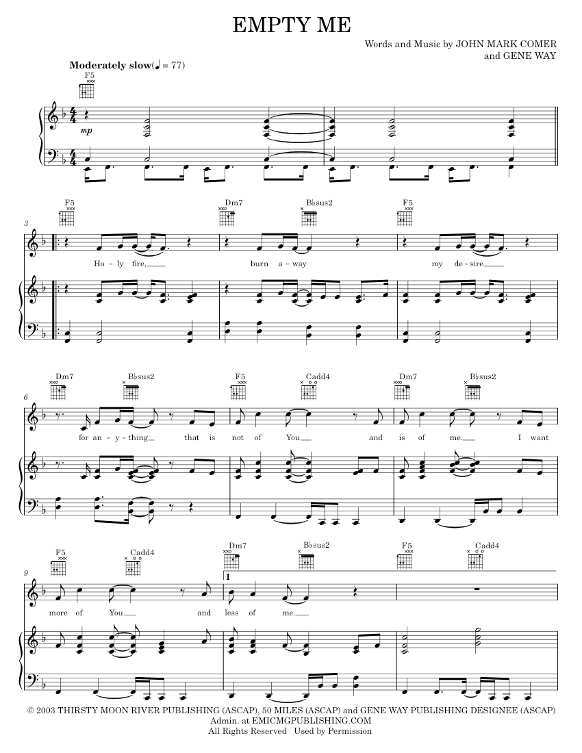 Play Official version of Empty me sheet music by Jeremy Camp for Piano ...