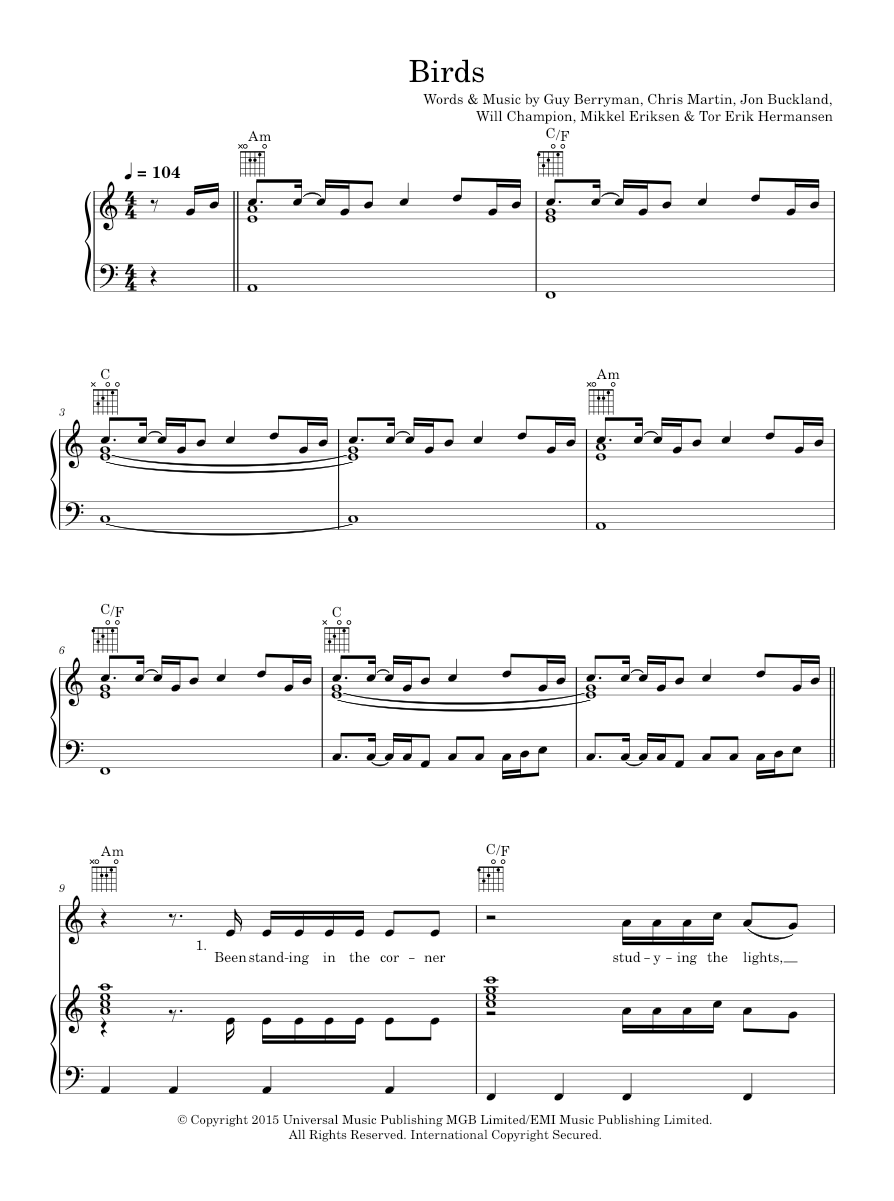 Play Official version of Birds sheet music by Coldplay for Piano ...
