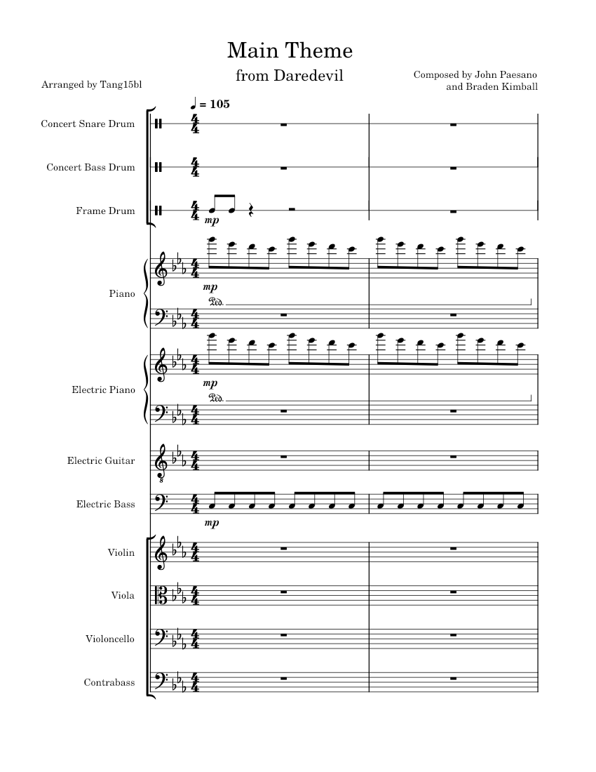 Daredevil Main Theme Sheet music for Piano, Contrabass, Snare drum ...