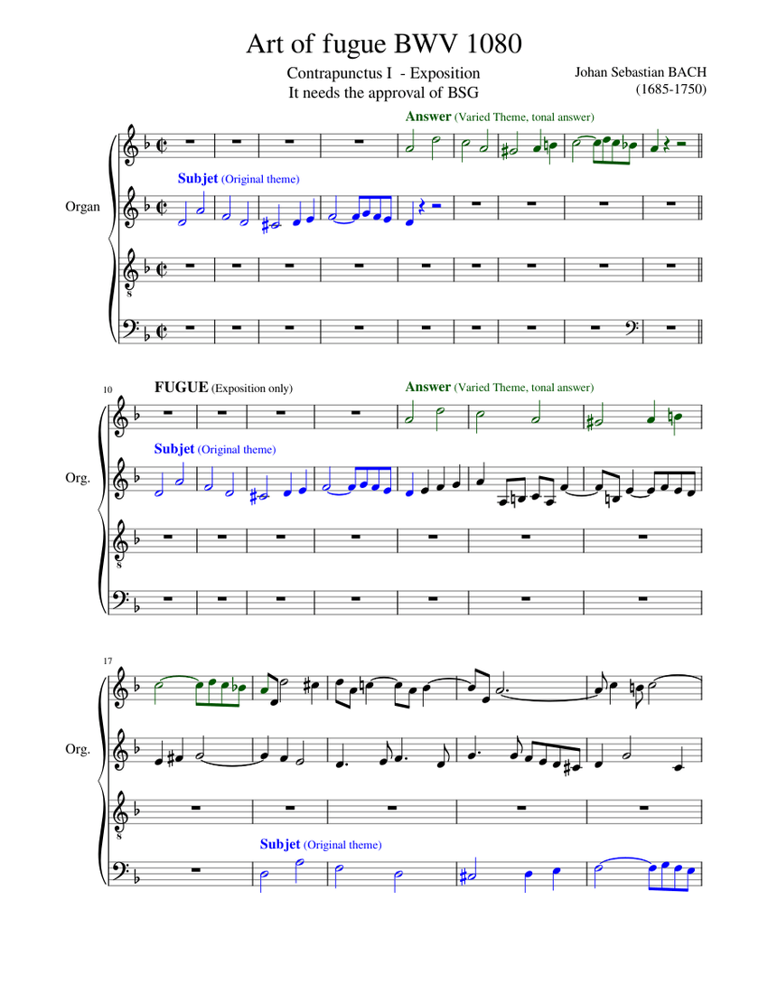Art of fugue BWV 1080 - Johann Sebastian Bach (1685-1750) Sheet music for Organ (Mixed Quartet ...