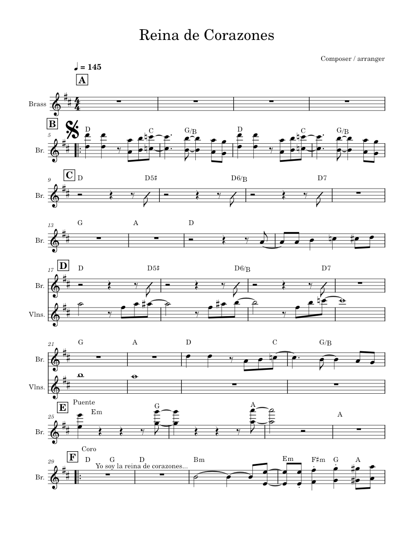 Reina de Corazones Keyboard Sheet music for Strings group, Brass group ...