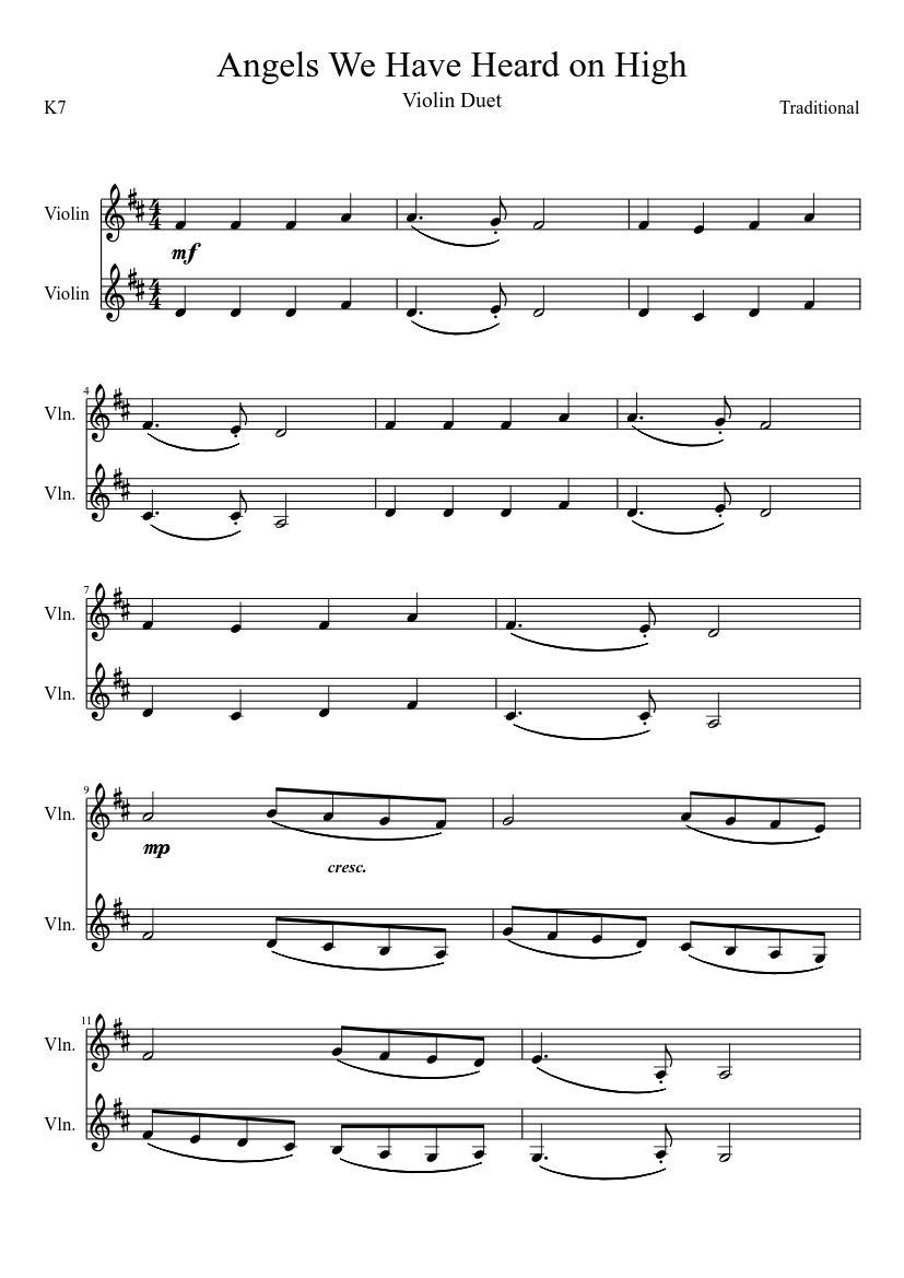 Angels We Have Heard on High Sheet music for Violin (String Duet ...