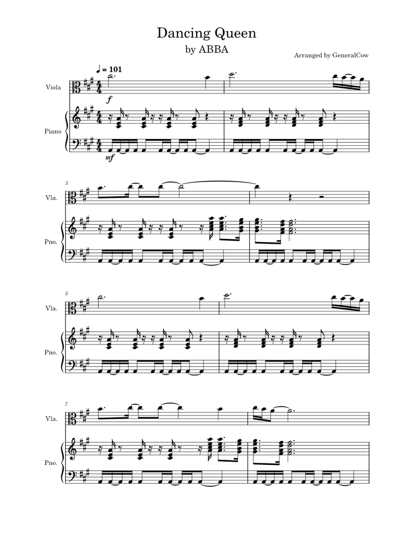 Dancing queen – ABBA (Viola Solo w/ Piano Accompaniment) Sheet music ...