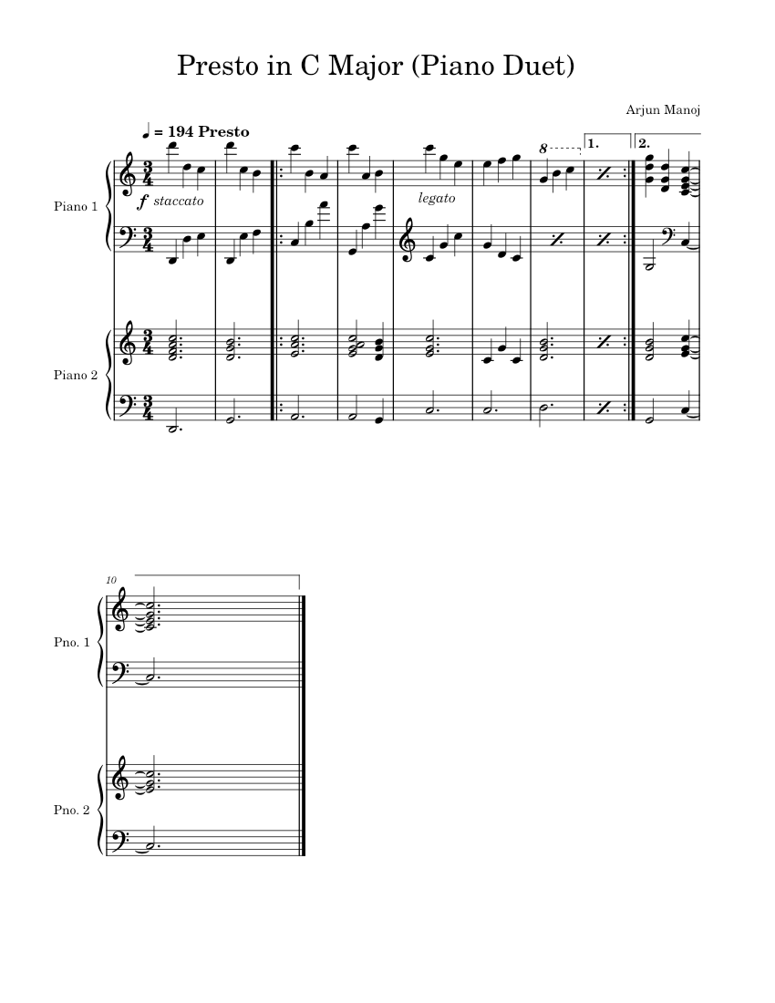 Presto in C Major Piano Duet Sheet music for Piano (Piano Duo ...