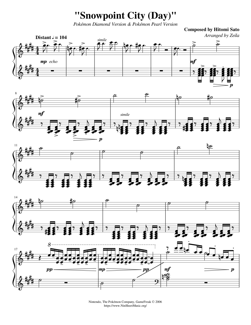 Pokémon DPPt - Snowpoint City (Day) Sheet music for Piano (Solo ...