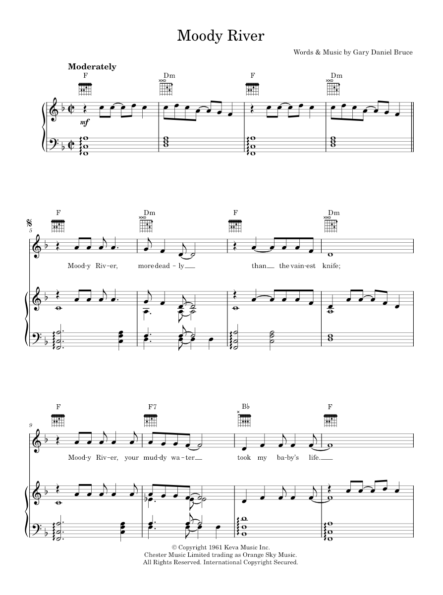 moody river Sheet music for Piano, Vocals: Music Notes