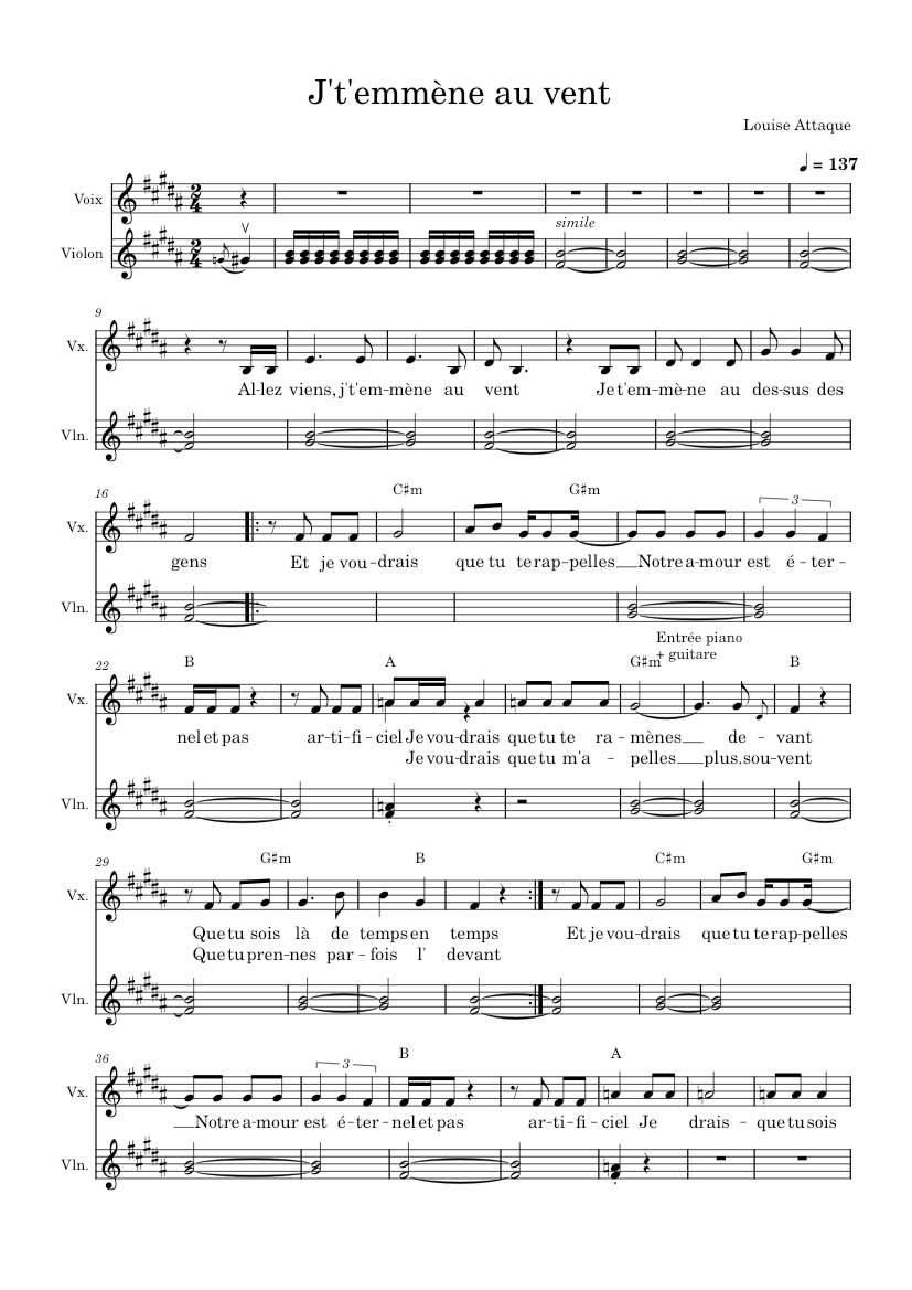 J't'emmène au vent – Louise Attaque Sheet Music for Violin, Synthesizer ...