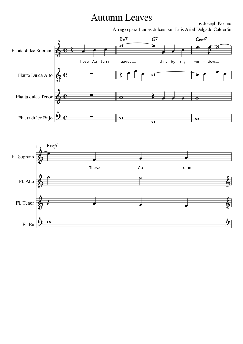 Autumn Leaves for recorder quartet Sheet Music for Recorder (Mixed ...