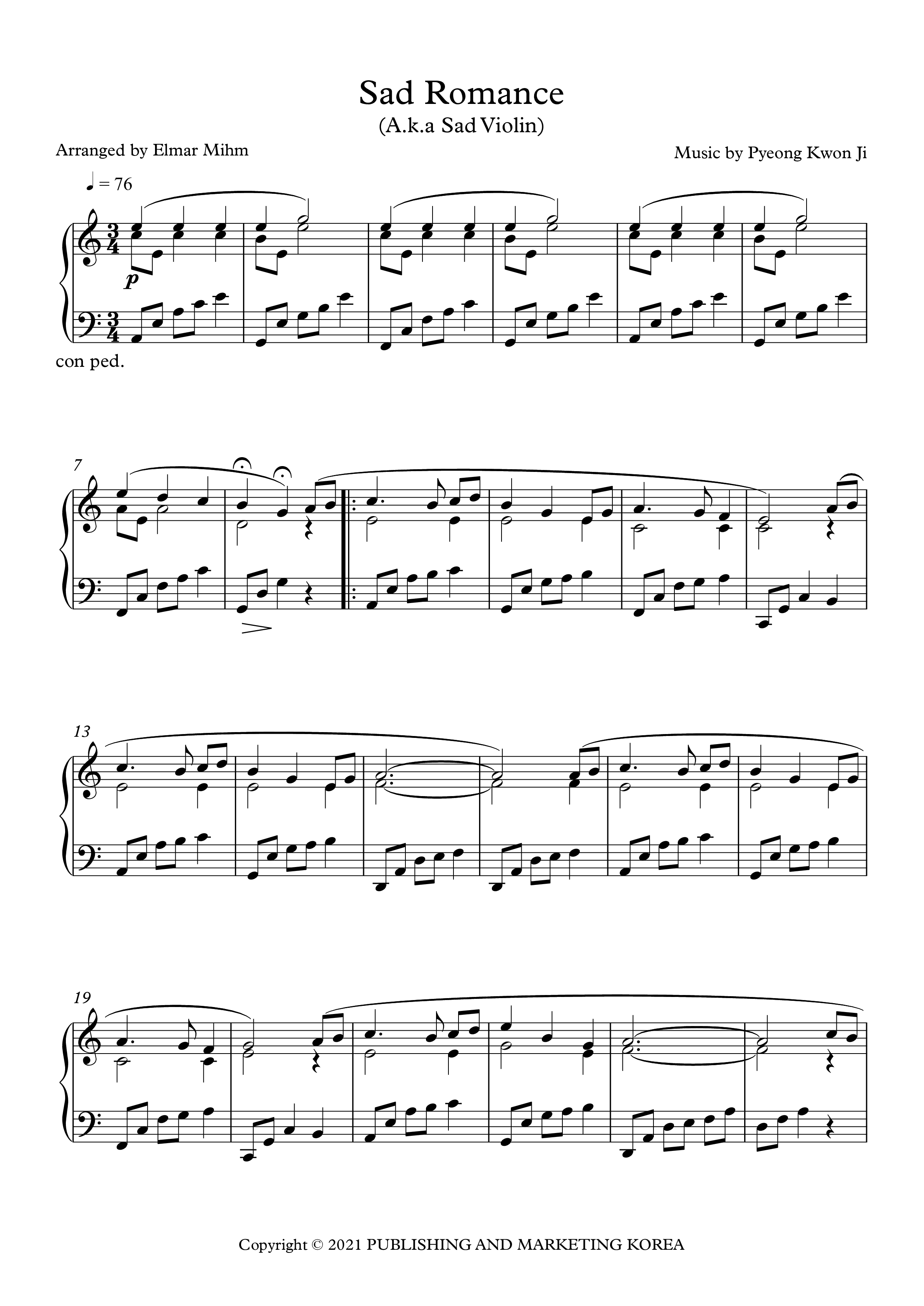 Play Official version of Sad Romance Sheet Music by Ji Pyeong Kwon for ...