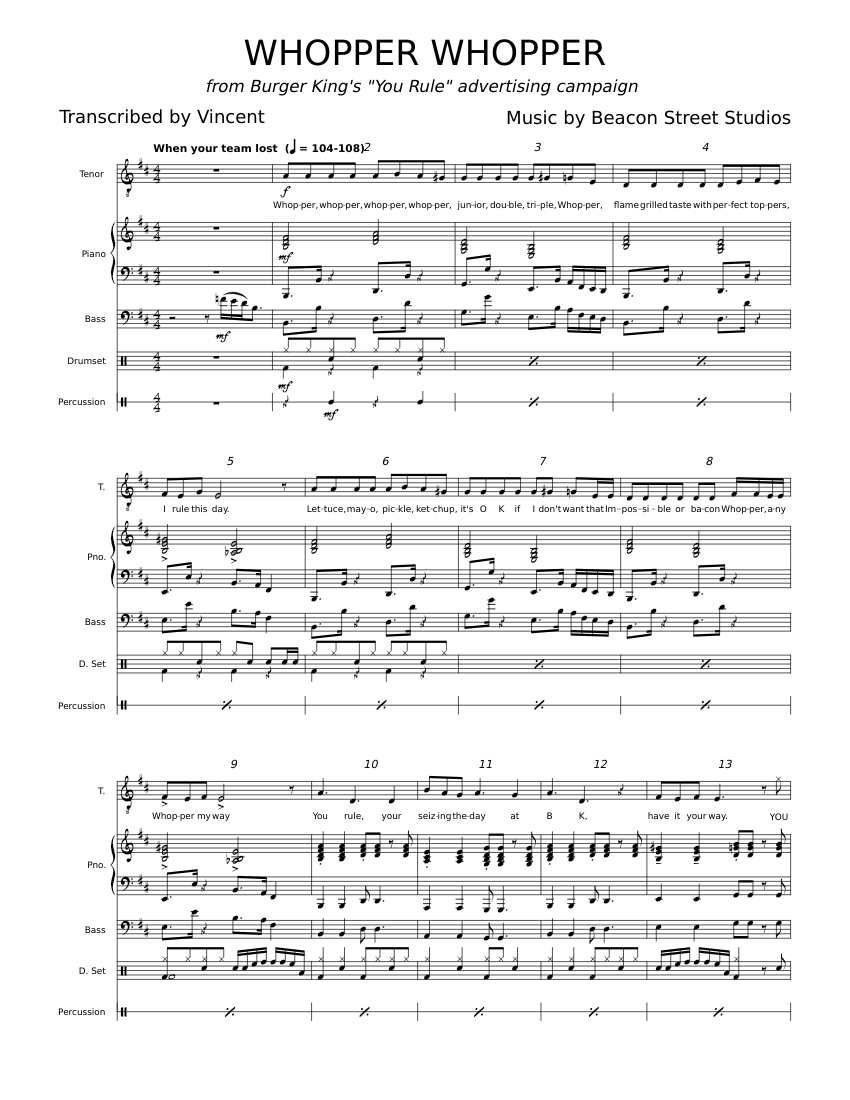 Whopper Whopper – Burger King Sheet music for Piano, Bass guitar, Drum ...